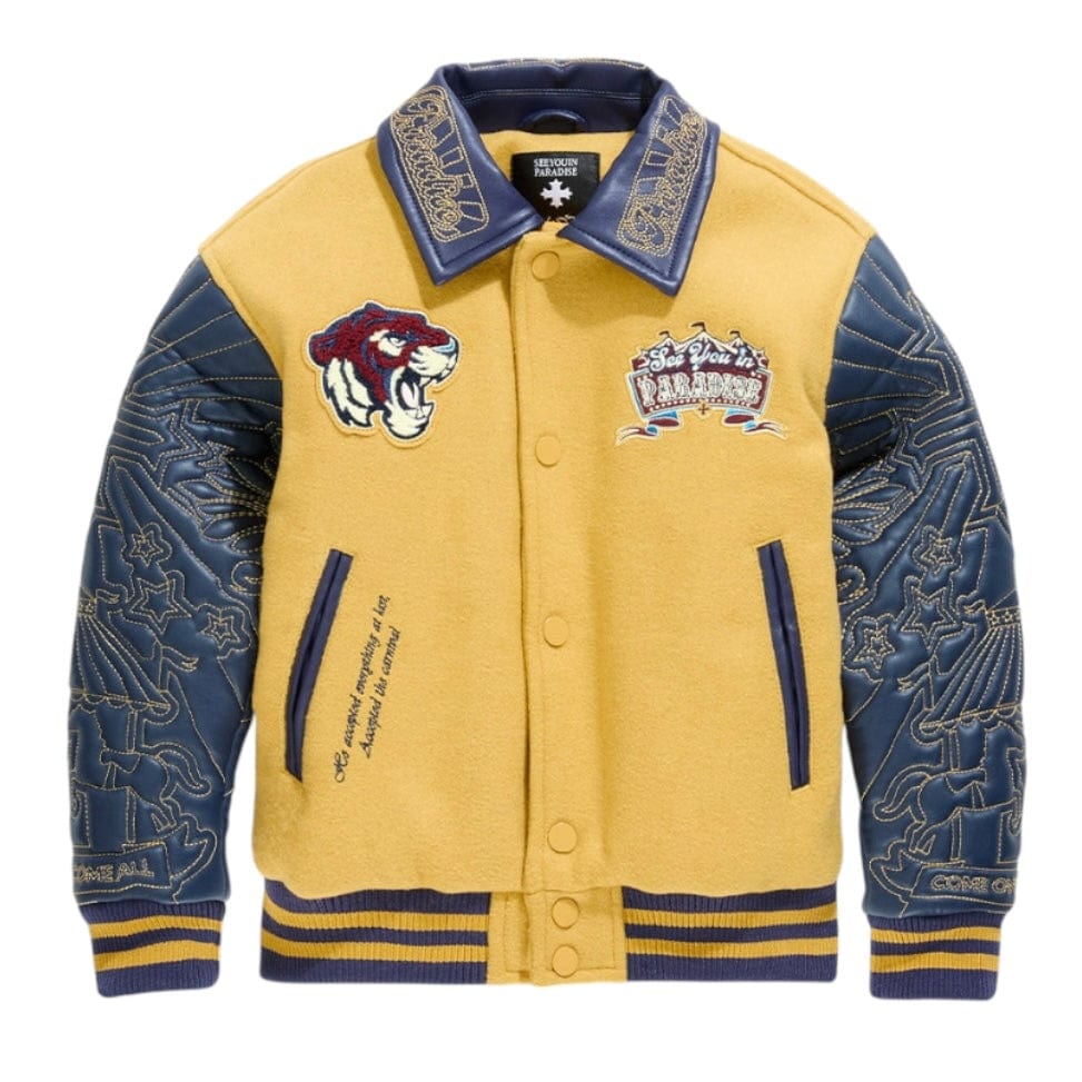 Kids See You In Paradise Smoke & Mirrors Varsity Jacket (Mustard) 9166